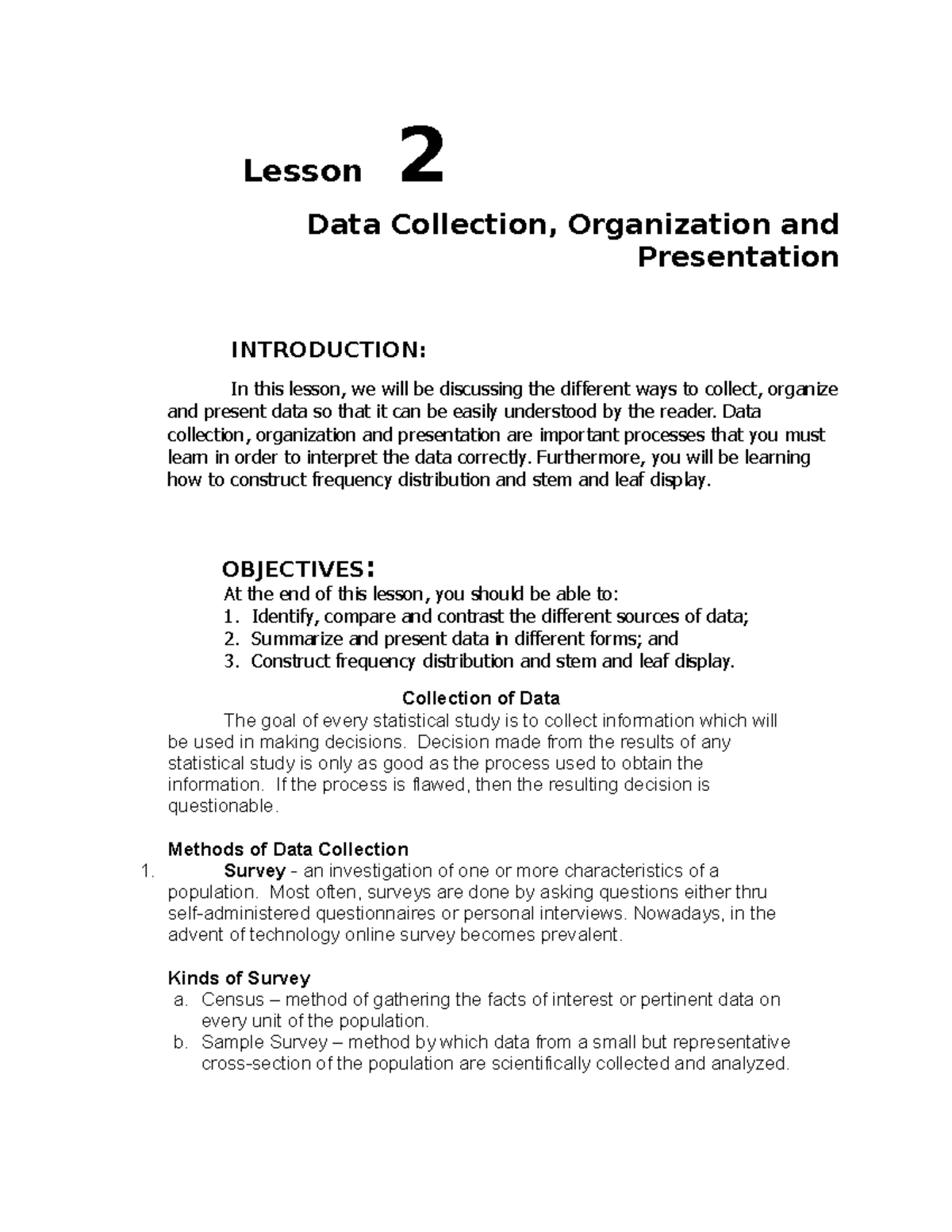 Lesson 2: Data Collection, Organization & Presentation Techniques - Studocu