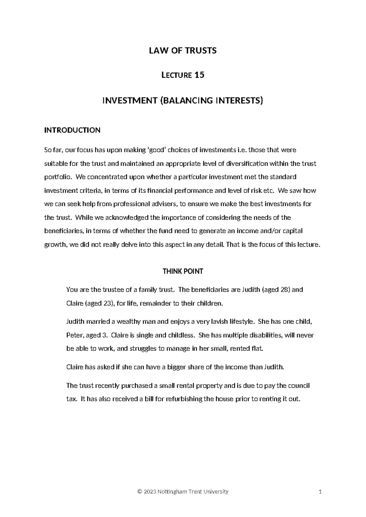 Lecture 15 - Balancing Interests - LAW OF TRUSTS LECTURE 15 INVESTMENT ...