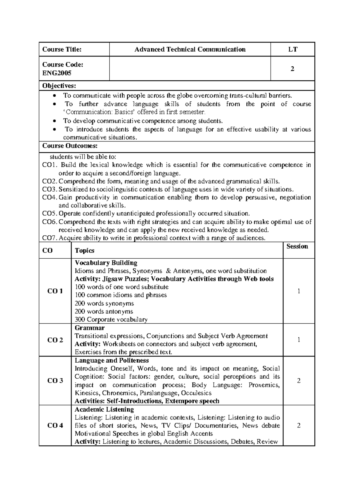 ENG2005 Advanced Technical Communication Course Overview and Objectives ...