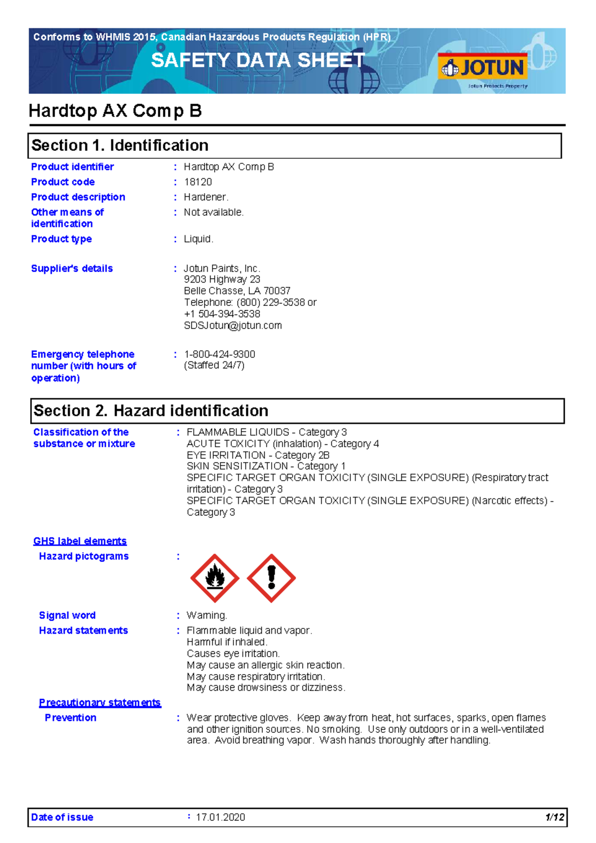 Hardtop AX Comp B MSDS - Safety Data Sheet for Paint (18120) - Studocu
