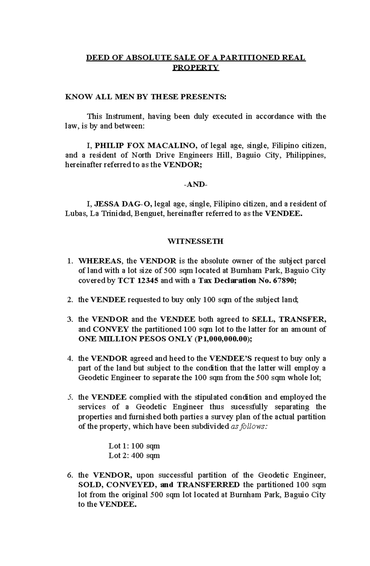 Deed of Absolute Sale of Partitioned Property - Baguio City 2024 - Studocu