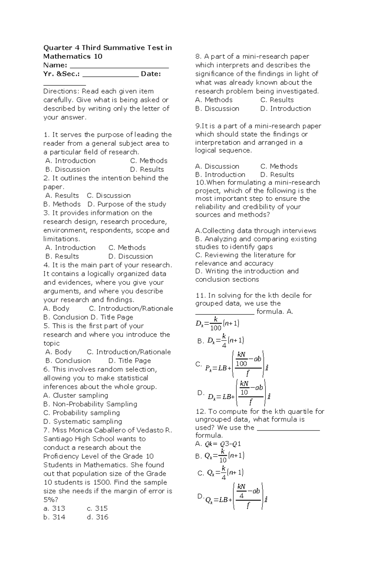 3RD Summative Test in Mathematics 10 - Quarter 4 Third Summative Test ...