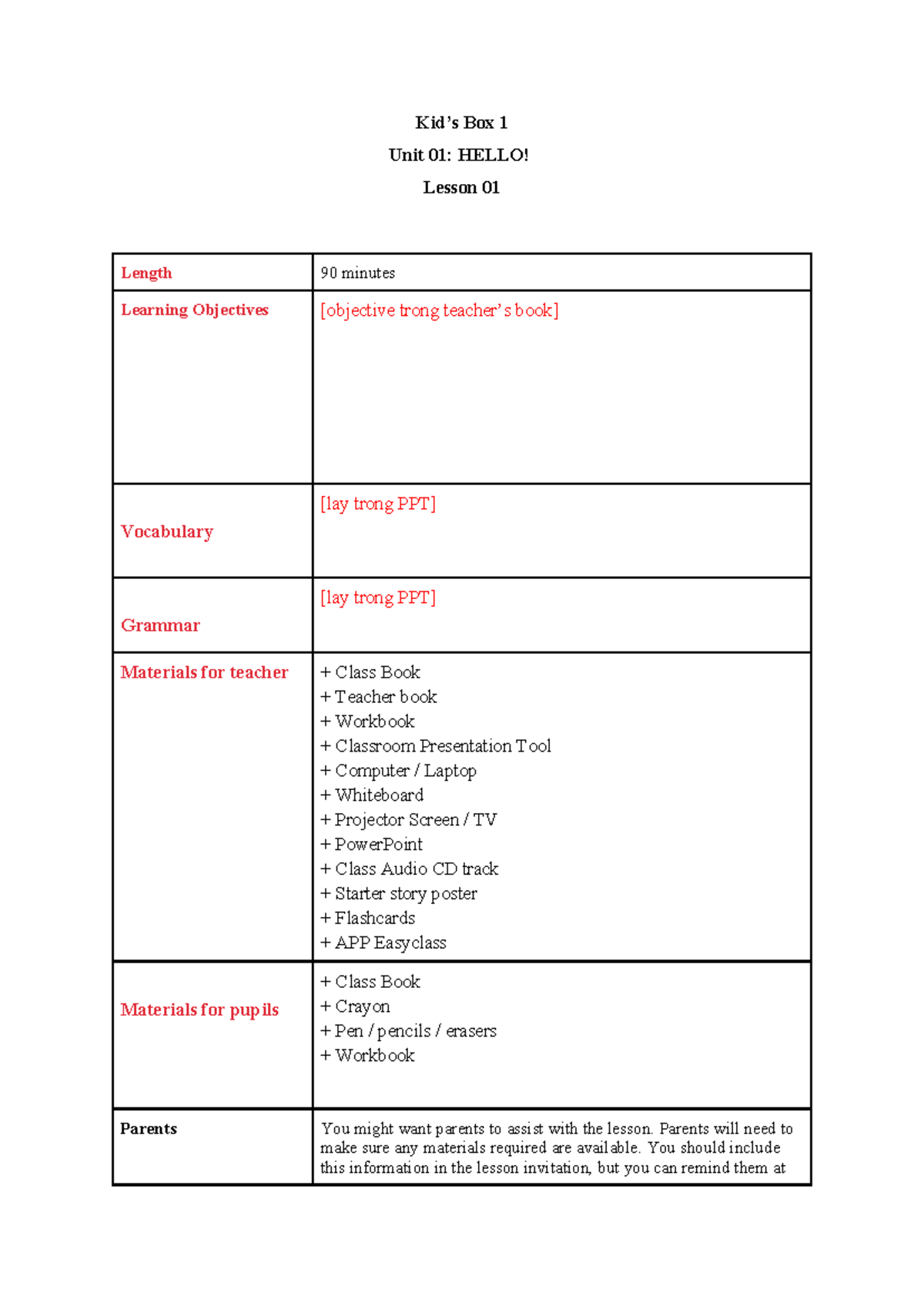 Kid's Box Unit 01: Hello! Lesson plan and materials overview - Studocu