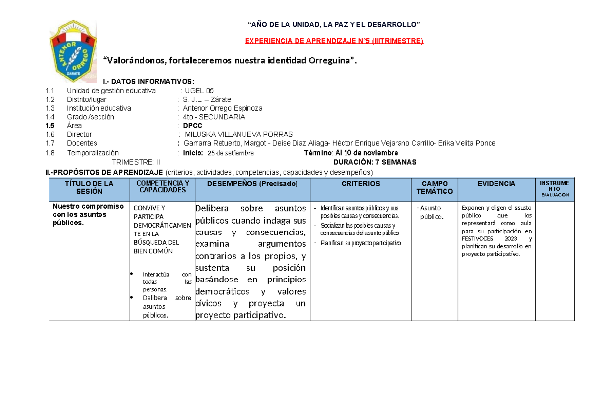 EDA DPCC 5- 4° SEC 2023 - material de dpcc - “AÑO DE LA UNIDAD, LA PAZ Y EL DESARROLLO ...