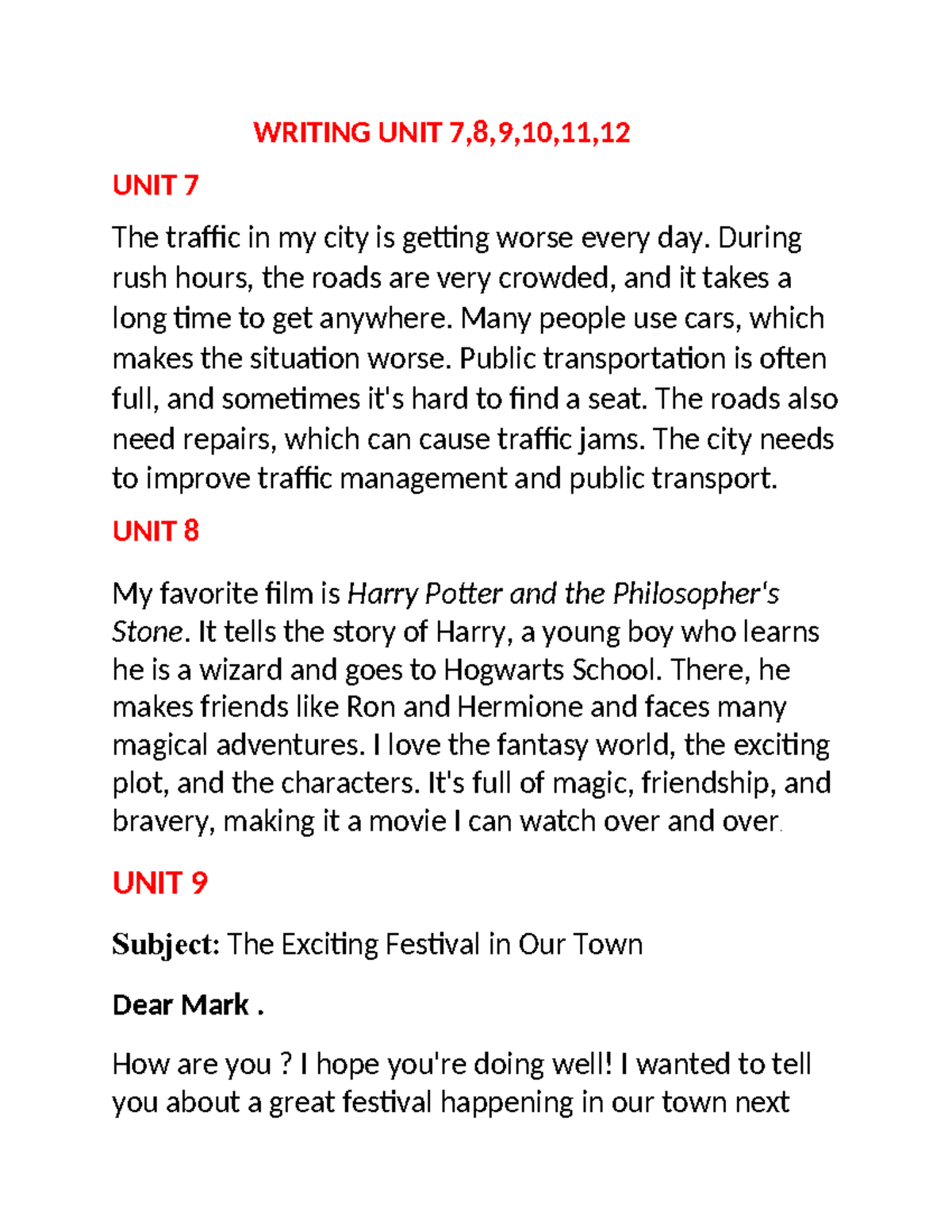 Writing Units 7-12: Traffic, Films, and Festivals - Studocu