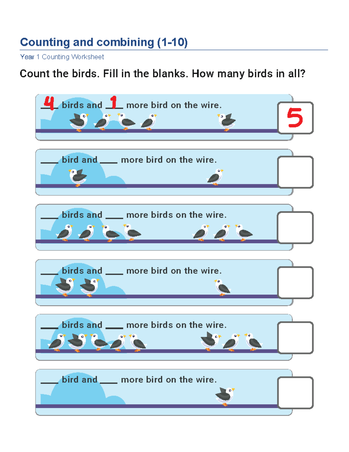 Year 1 Counting Worksheet: Bird Counting & Combining Activities - Studocu