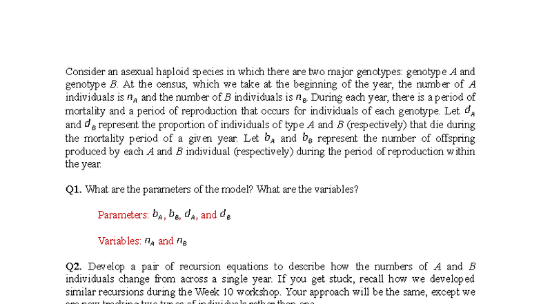 Asexual Haploid Genotypes: Recursion Models & Proportions (Bio 101 ...