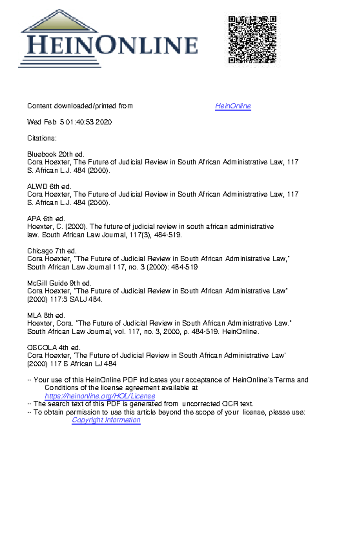 Cora Hoexter - Examining the Future of Judicial Review in SA Law - Studocu