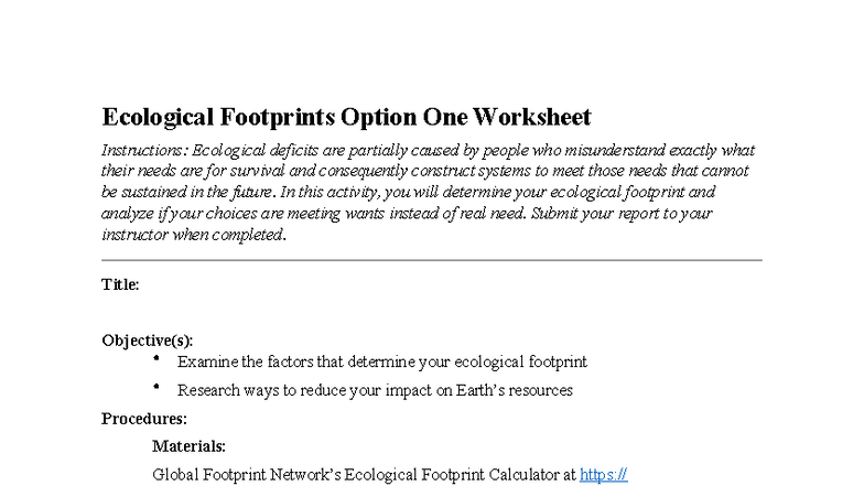 Ecological Footprint Analysis Worksheet (APES) - Studocu