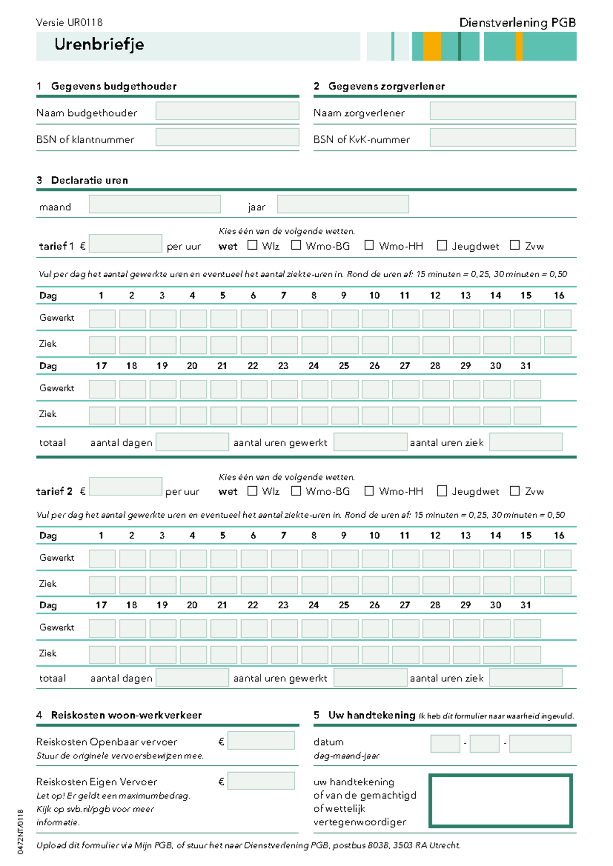 Urenbriefje voor Trekkingsrecht - Versie UR0118 (PGB) - Studeersnel