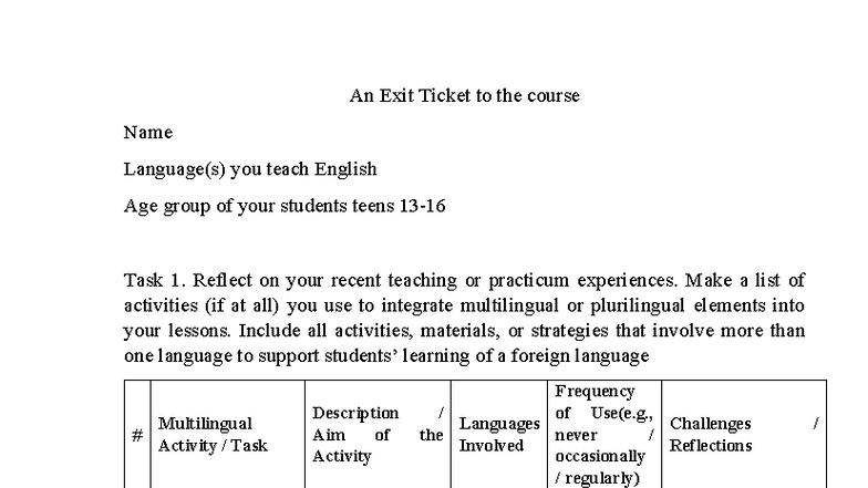 Exit Ticket: Multilingual Integration in English Teaching (Task 1 & 2 ...