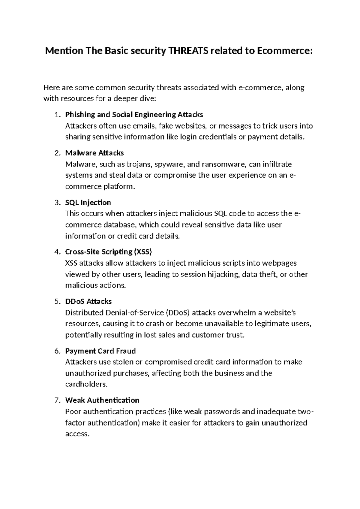 E-commerce Assignment 3: Key Security Threats Overview - Studocu
