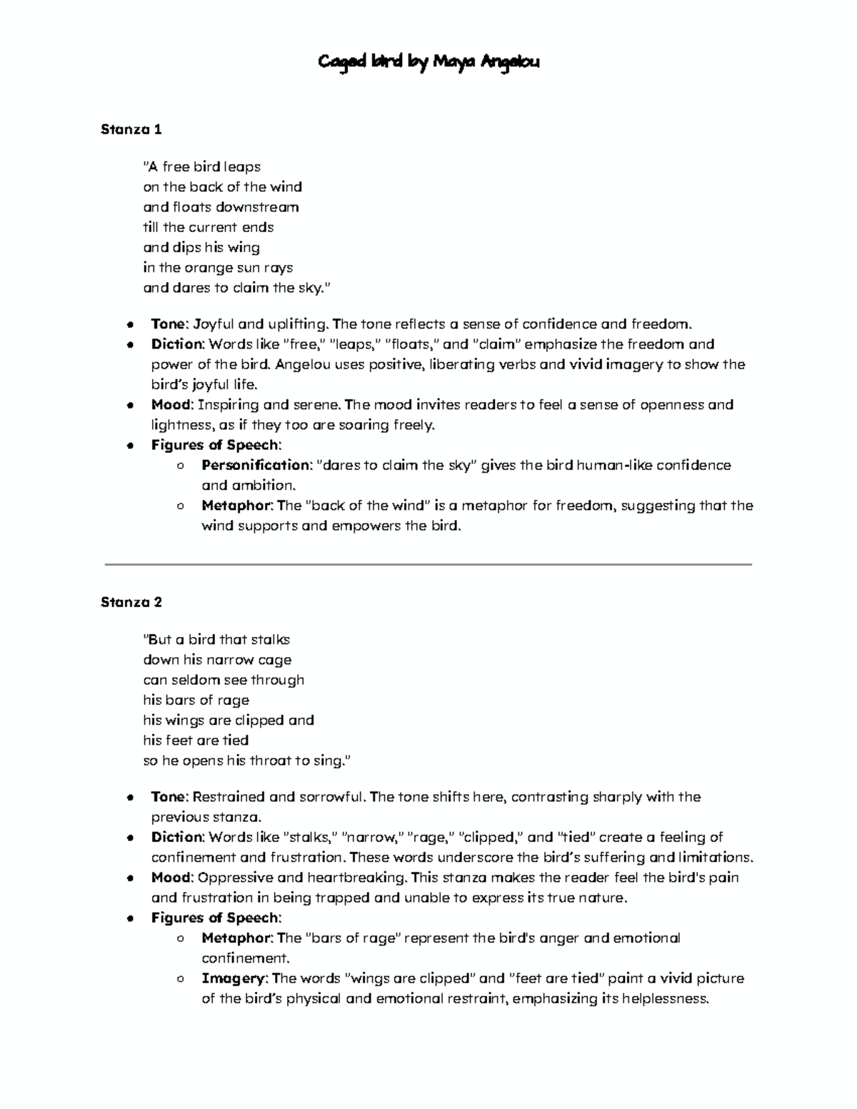 CAGED BIRD Analysis NOTES: Themes and Imagery in Maya Angelou’s Poem ...