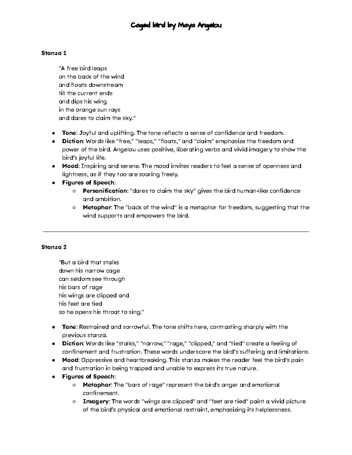 CAGED BIRD Analysis NOTES: Themes and Imagery in Maya Angelou’s Poem ...