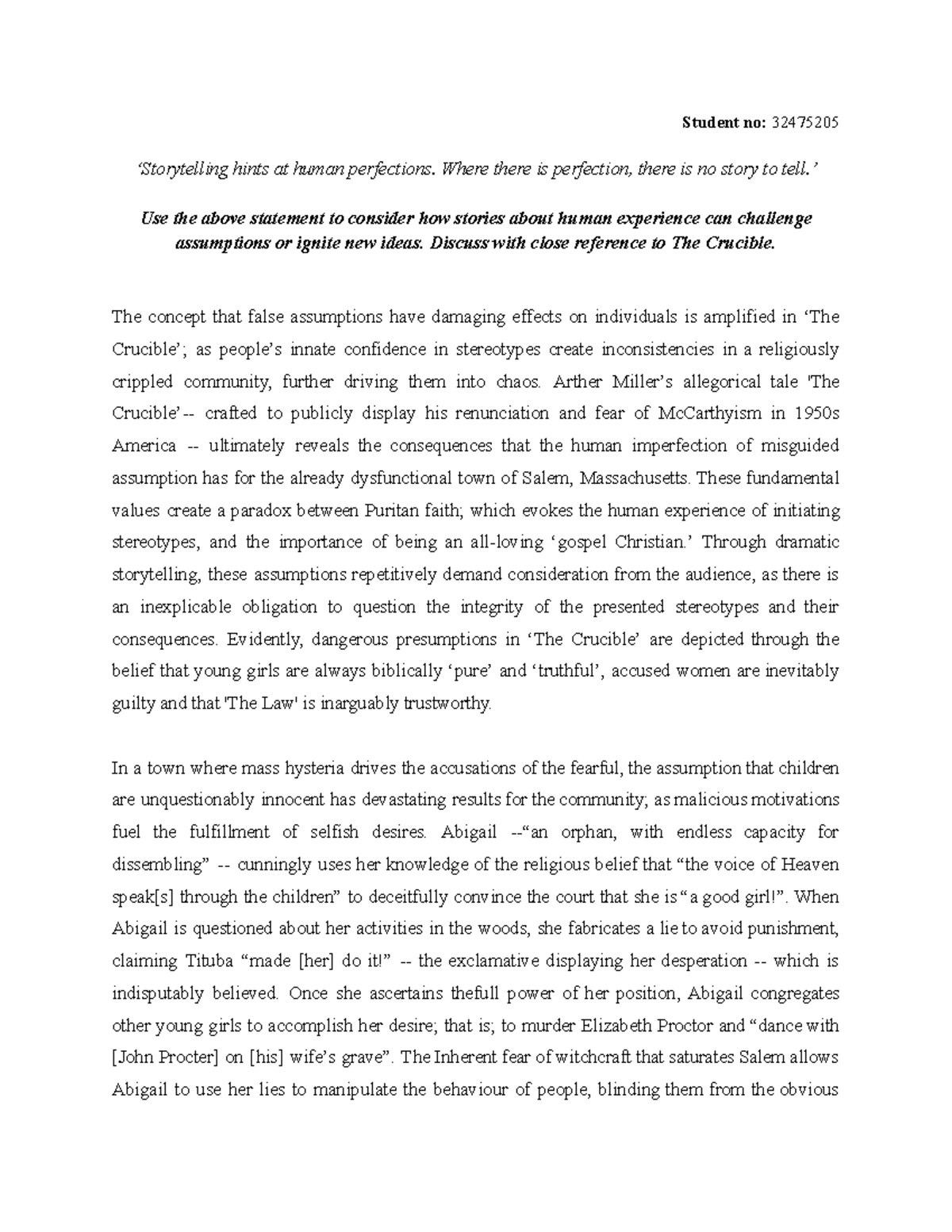Crucible Essay Assessment 1: Challenging Assumptions in The Crucible ...