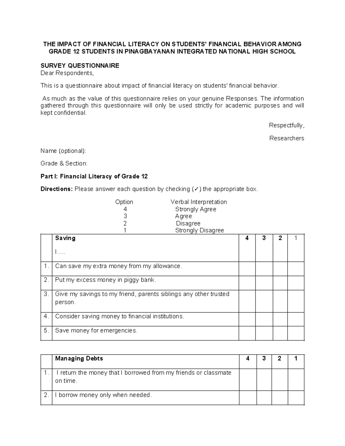 Grade 12 Financial Literacy & Behavior Survey Questionnaire - Studocu
