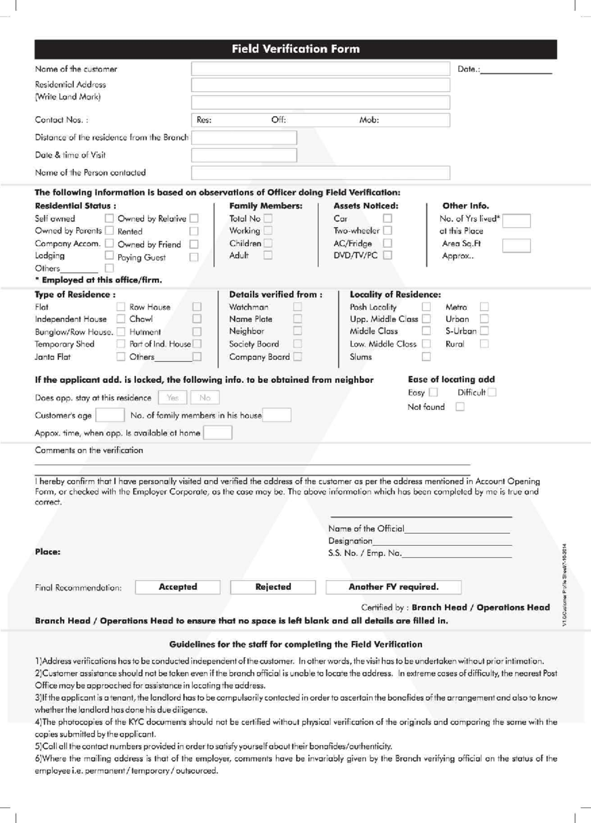 Field Verification Form for Account Opening (17-18) - Studocu
