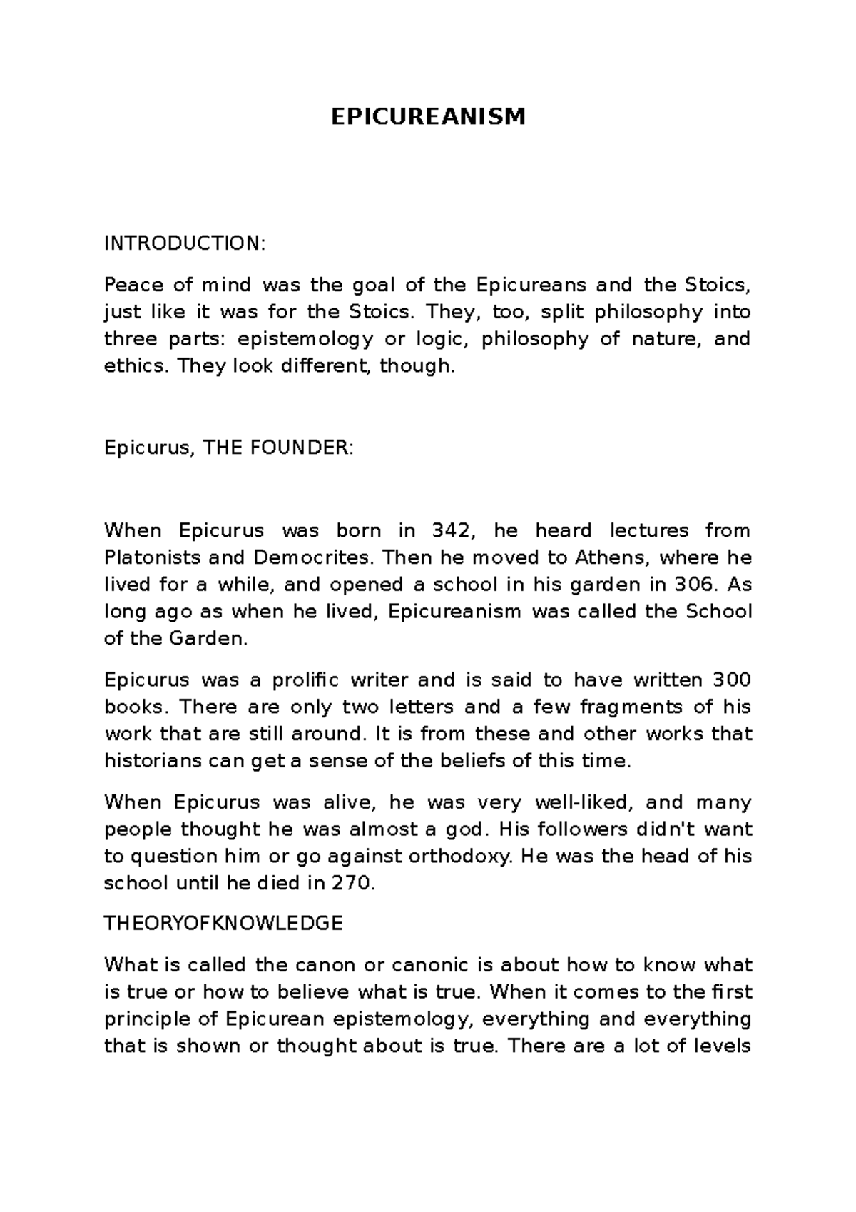 Epicureanism - Lecture Notes on Philosophy and Nature Analysis - Studocu