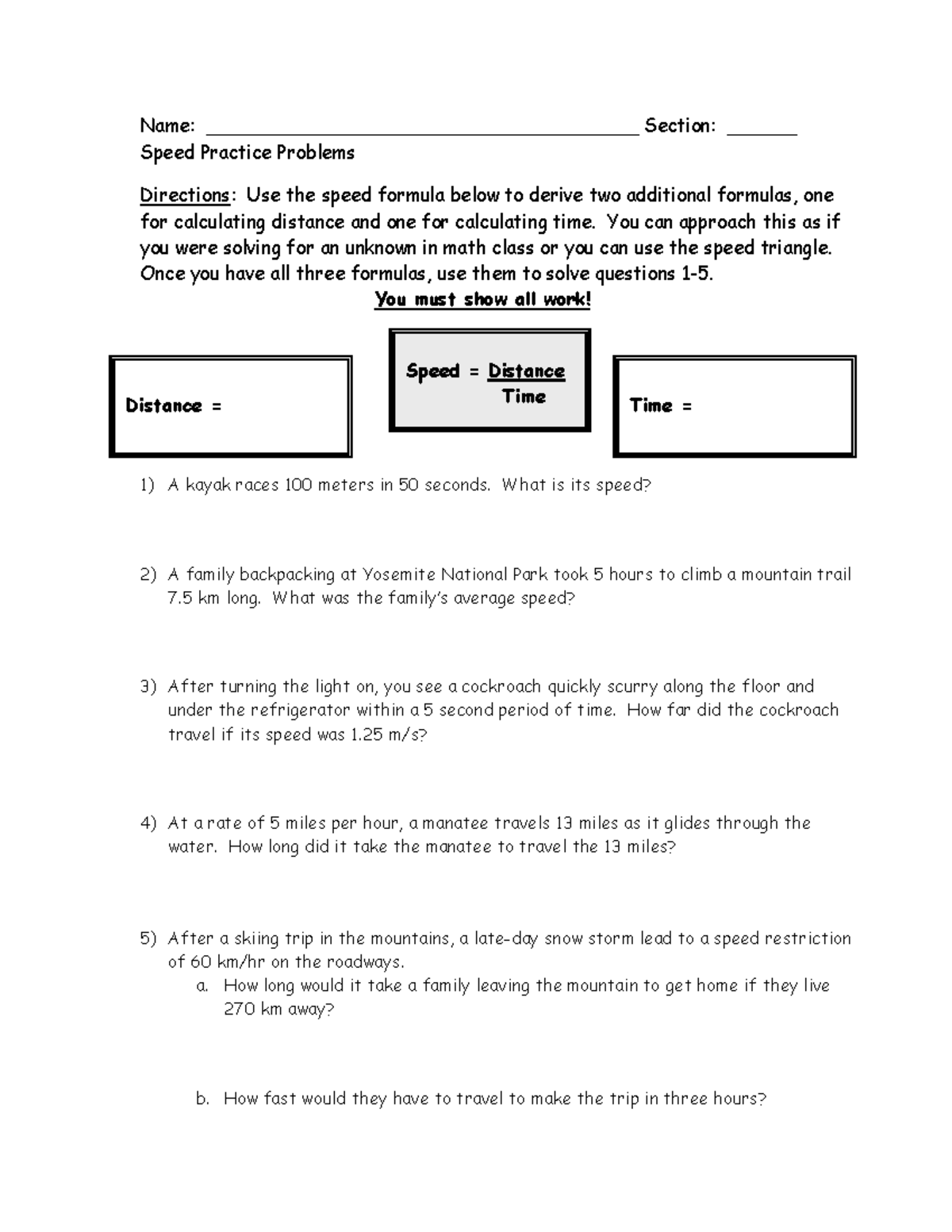 Speed Practice Problems: Deriving Formulas for Distance & Time - Studocu