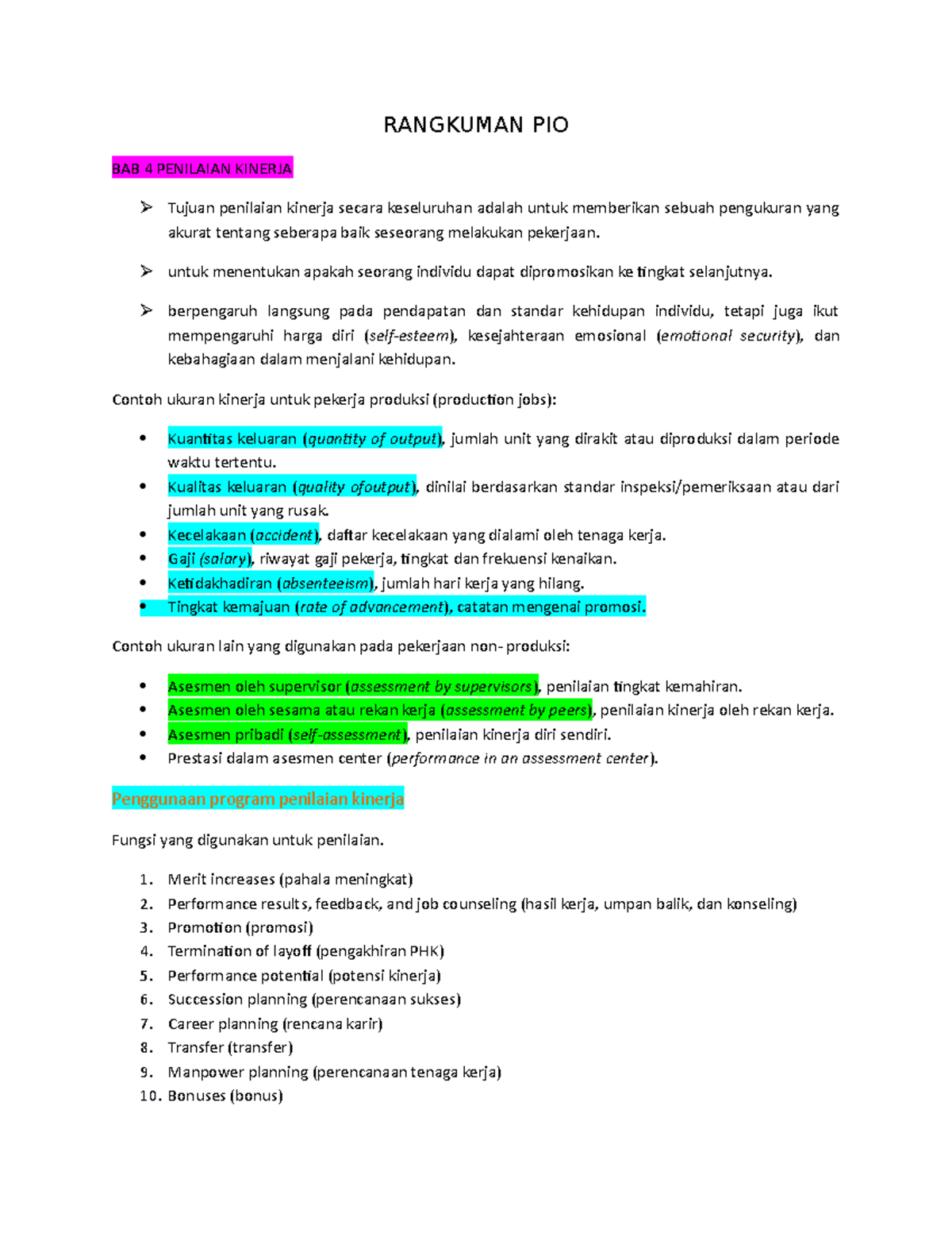 Rangkuman PIO: Penilaian Kinerja dan Motivasi Kerja - BAB 4 dan 6 - Studocu