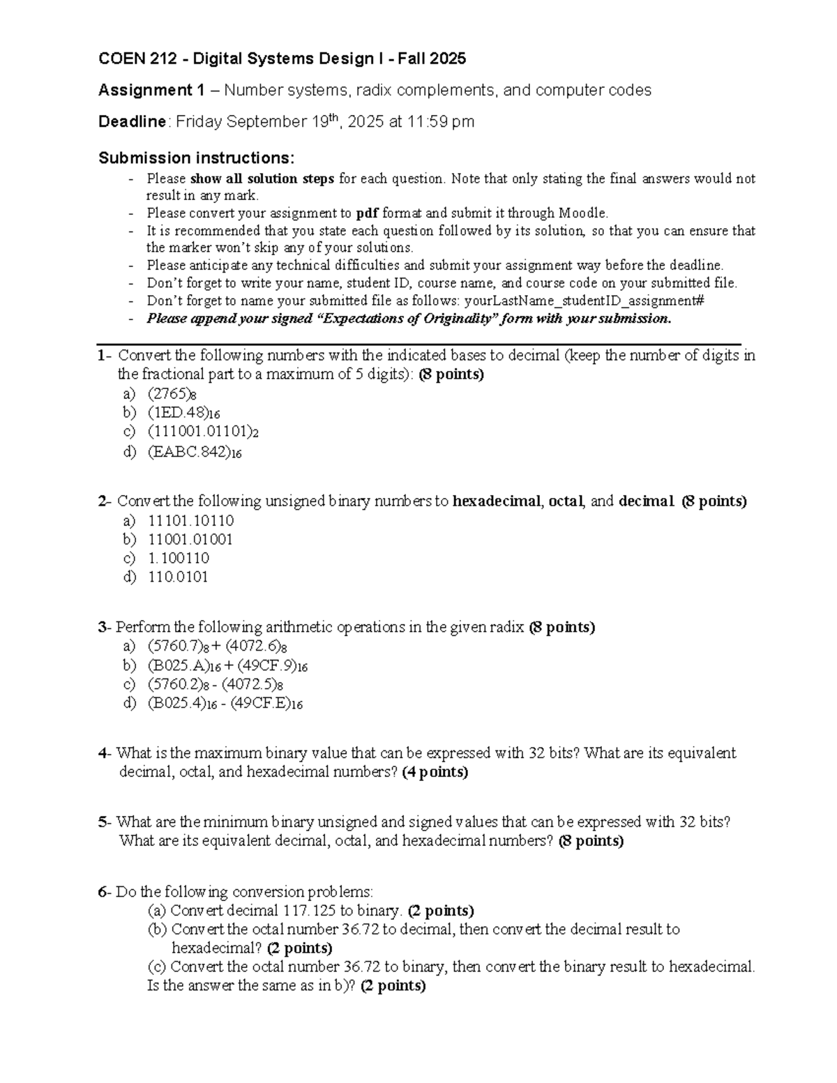 COEN 212 Digital Systems Design I Fall 2025 Midterm Assignment on Number Systems - Studocu