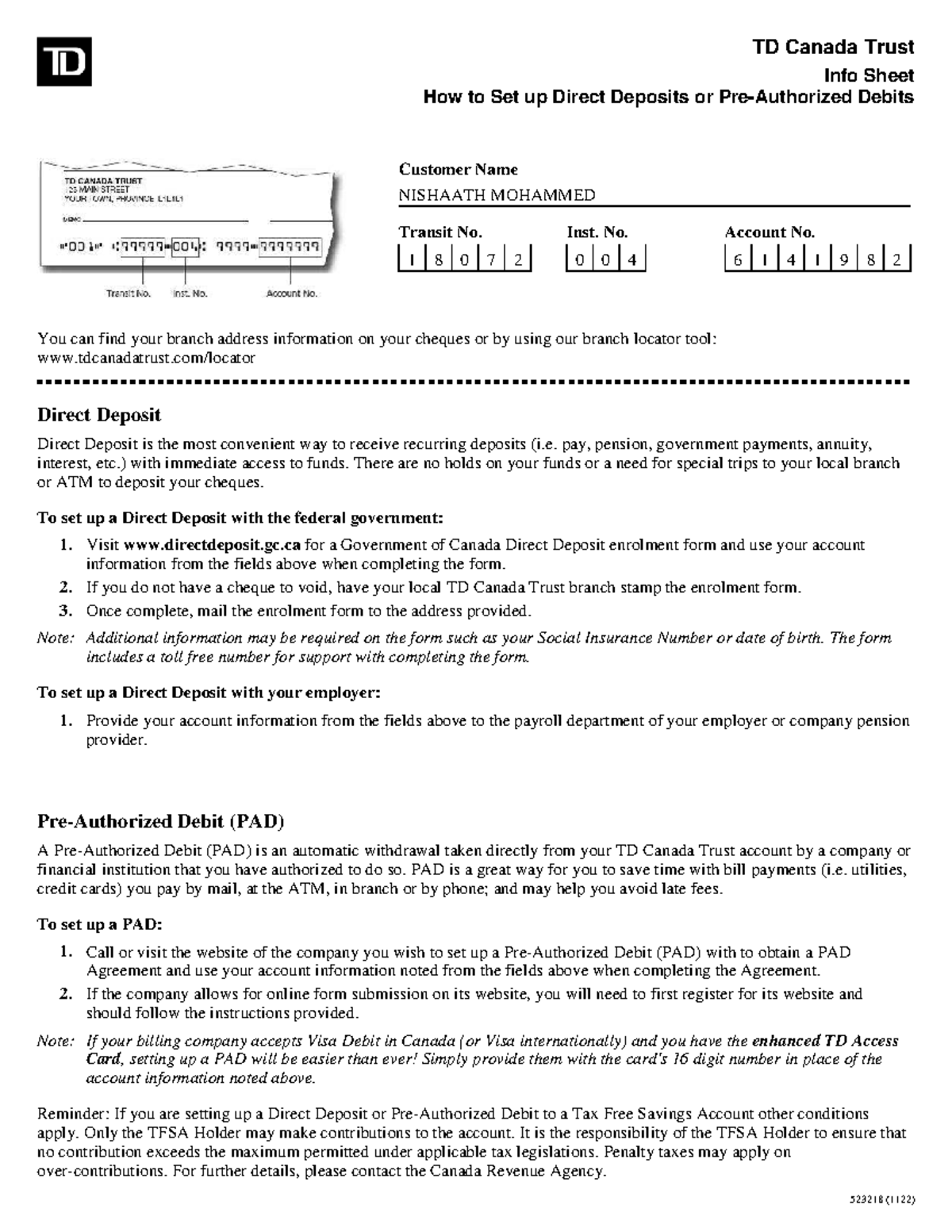 TD Canada Trust: Setting Up Direct Deposits & Debits Guide - Studocu