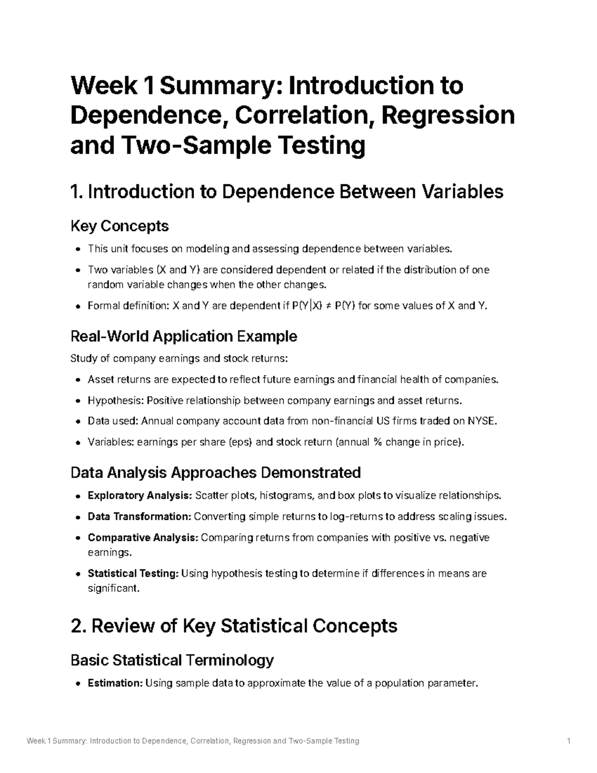 QBUS2810 Week 1 Summary: Dependence, Correlation, and Regression ...
