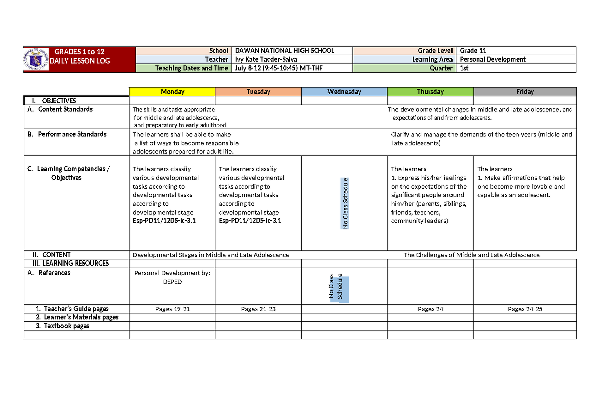 DLL Per Dev Week 2: Personal Development Lesson Plan for Grade 11 - Studocu
