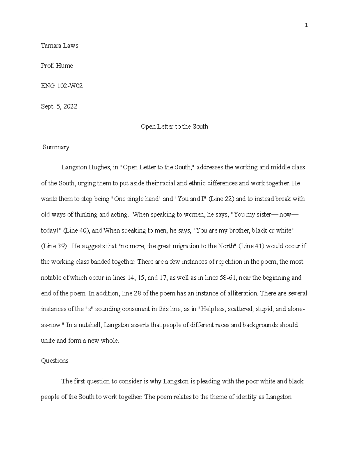 ENG 102-W: Discussion on Langston Hughes' "Open Letter to the South ...