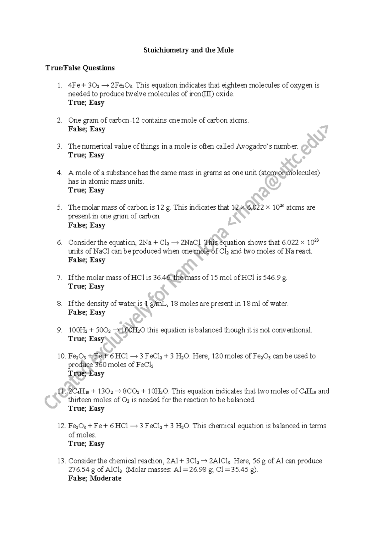 Stoichiometry Exam Practice Questions (CHEM101) - Studocu
