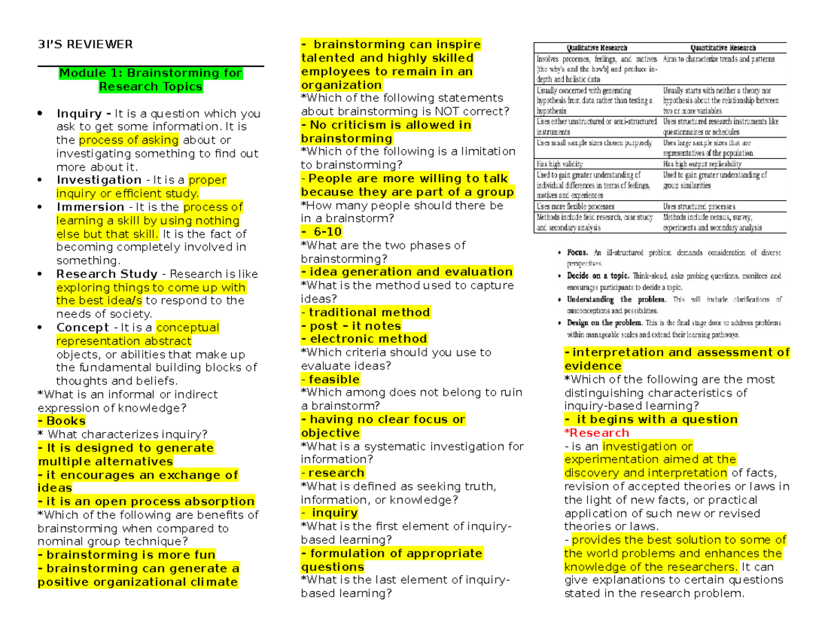 3I'S Final Exam Reviewer: Inquiry, Investigation & Immersion - Studocu