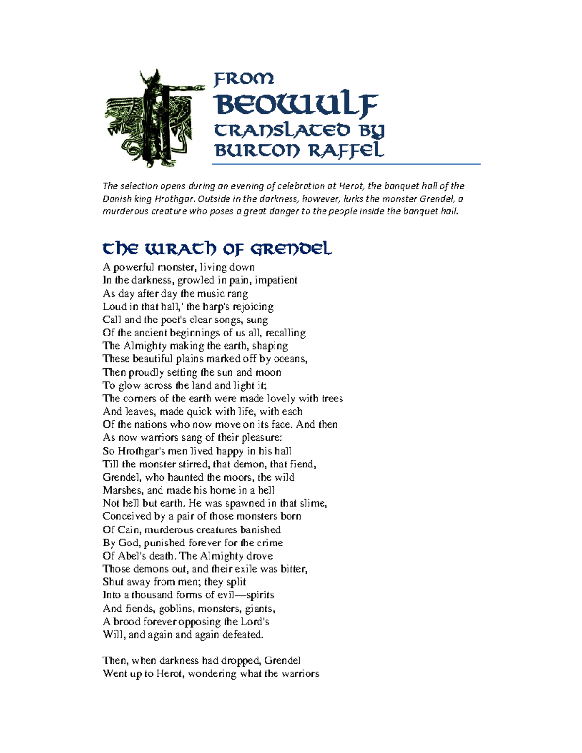 Beowulf Excerpts: Selected Passages from Raffel's Translation - Studocu