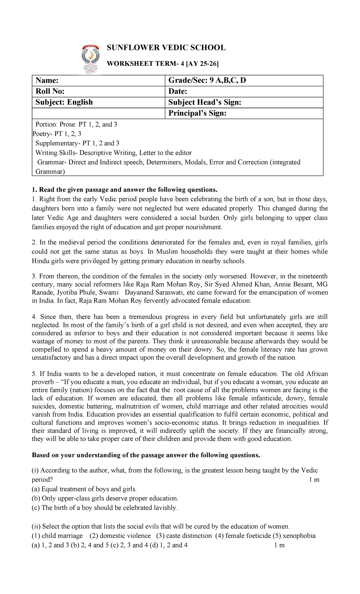 PT 3 Worksheet - English 9: Female Education & Literary Analysis - Studocu