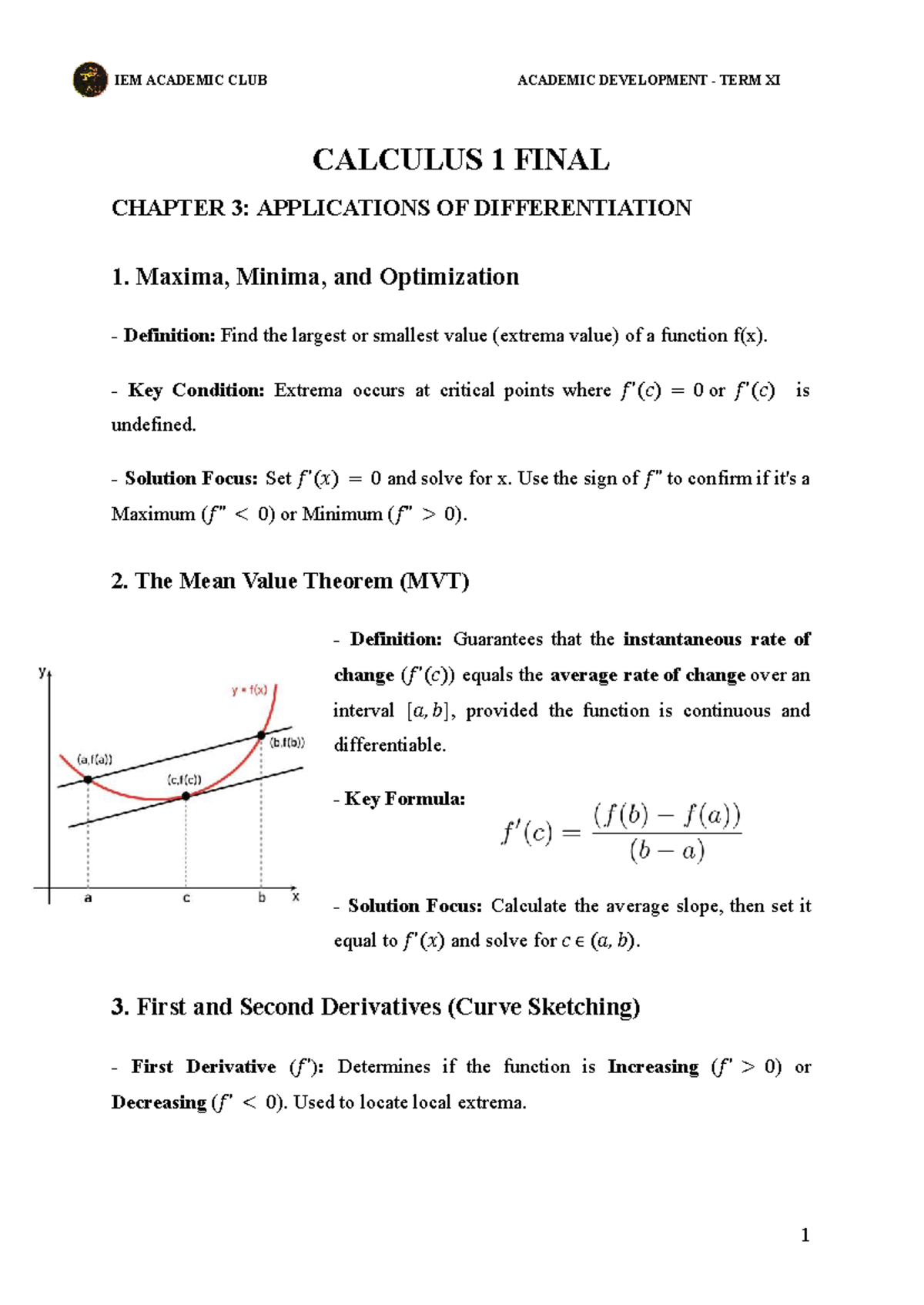 IEM ACADEMIC CLUB TERM XI CALCULUS 1 FINAL CHAPTER 3: APPLICATIONS OF ...