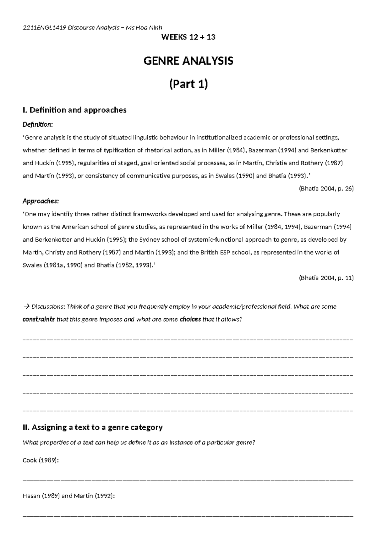 DA - Week 12 & 13 - Genre Analysis Worksheet - 0922 - Studocu