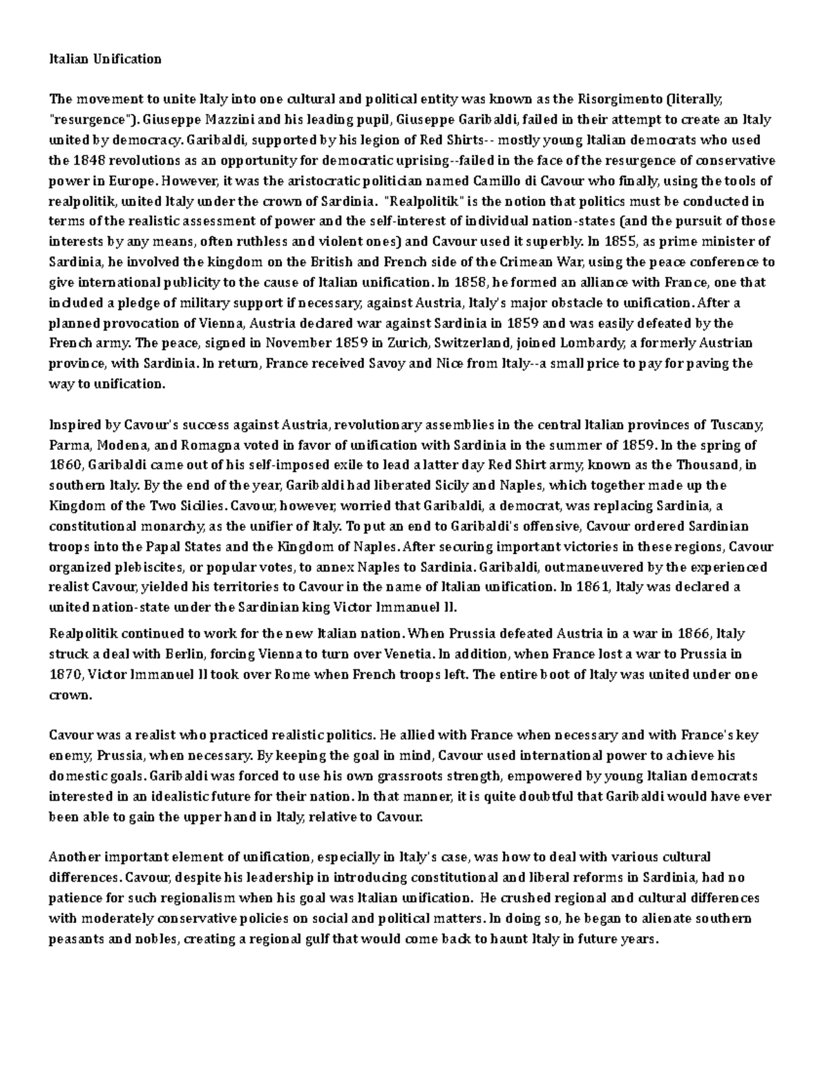 Italian Unification: Key Events and Figures in the Risorgimento - Studocu