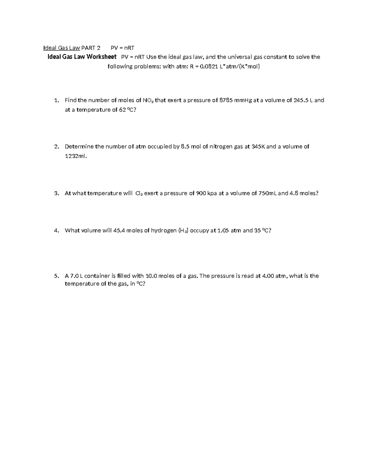 Ideal Gas Law Worksheet (Part 2) - Gas Law Practice 4 - Studocu