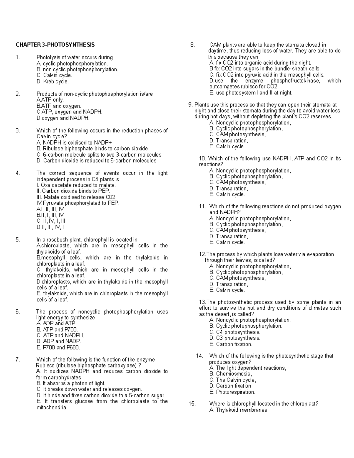 Tutorial BIO Chapter 3 - CHAPTER 3-PHOTOSYNTHESIS Photolysis of water ...