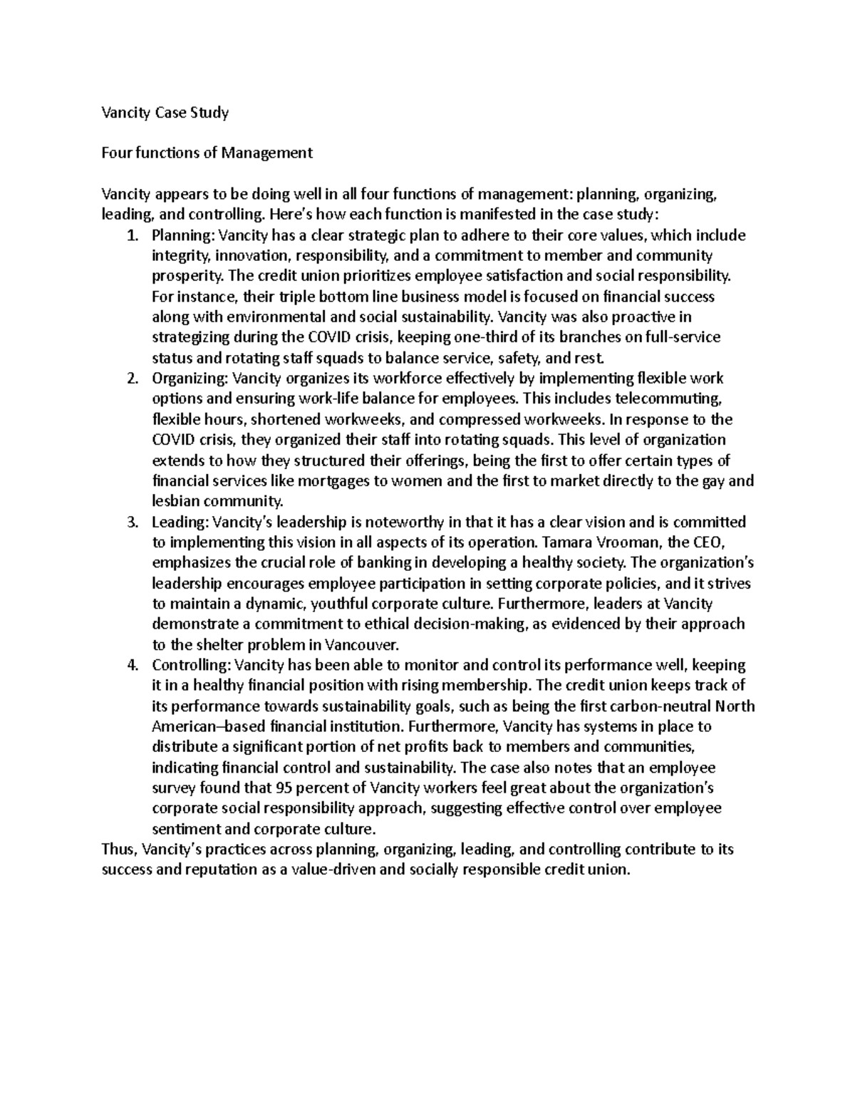 Vancity Case Study: Summary of 4 Functions of Management - Studocu