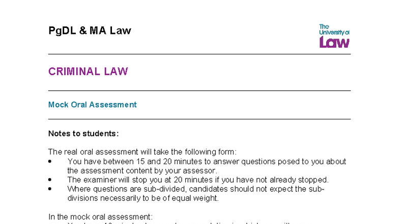 PgDL MA Law CRIMINAL LAW Mock Oral Assessment Guide - Studocu