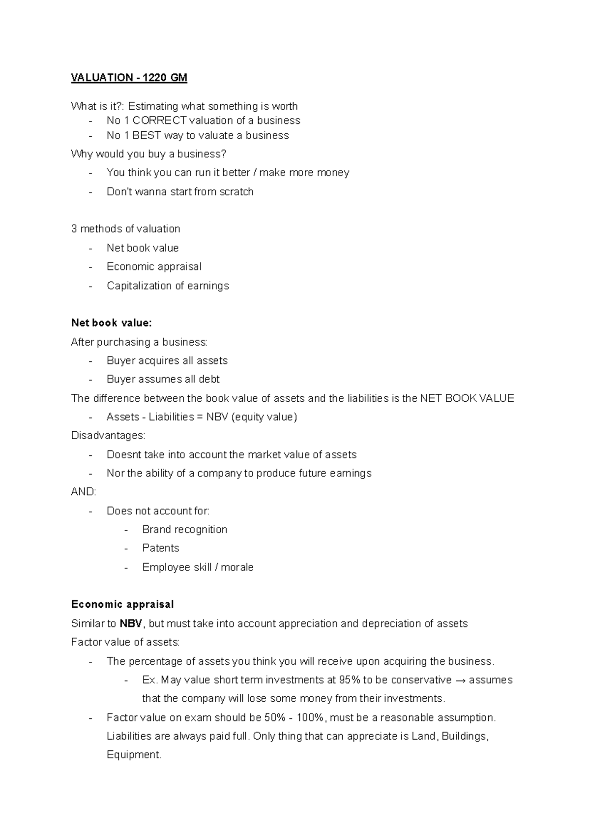 Valuation Methods Overview - 1220 GM: Business Worth Estimation - Studocu