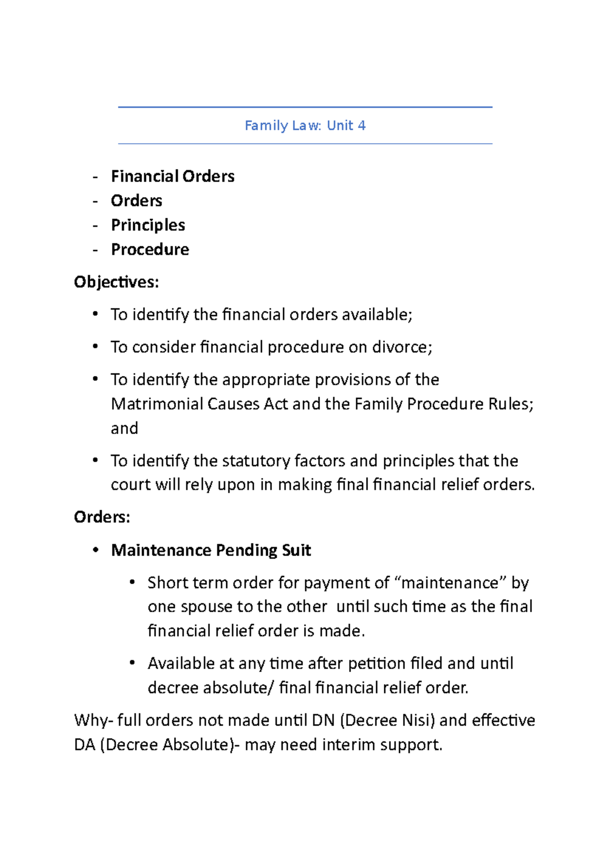 Family Law UNIT 4 - Lecture notes 4 - Family Law: Unit 4 Financial ...