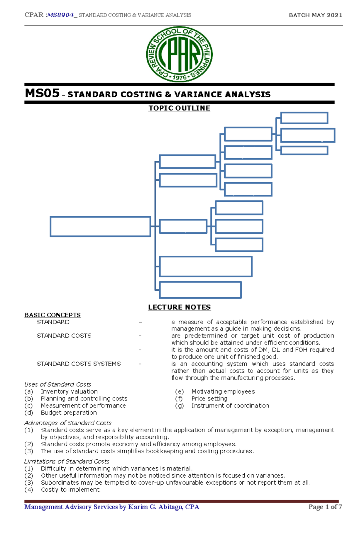 CPAR: MS8904 Standard Costing Variance Analysis Lecture Notes - Studocu