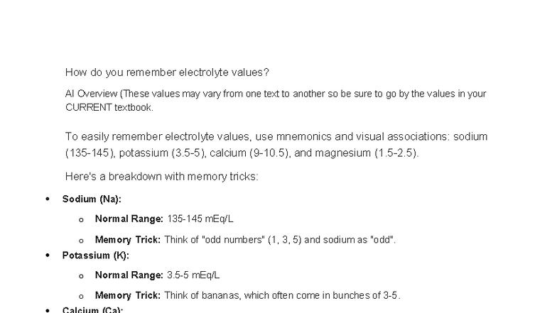 How to Remember Electrolyte Values: Mnemonics & Tips - Studocu
