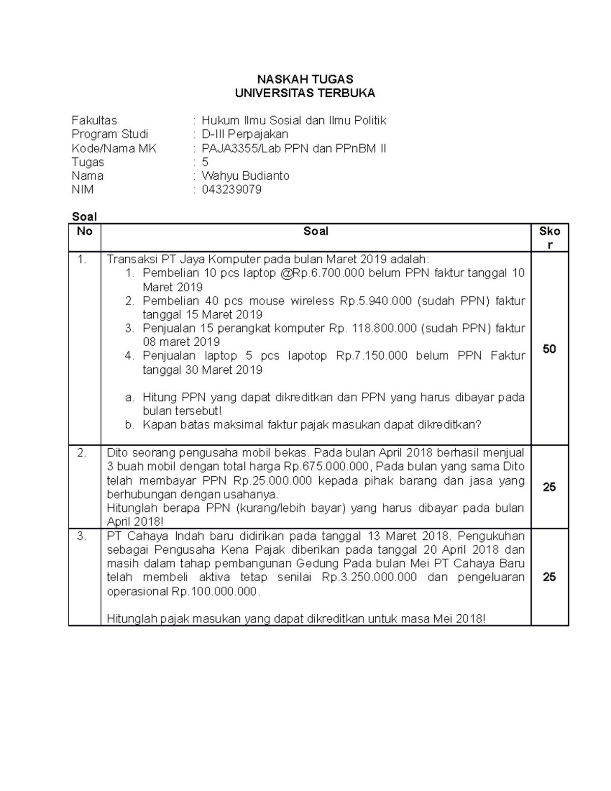 Tugas 5 Lab. PPN dan PPnBM II - Wahyu Budianto (PAJA3355) - Studocu