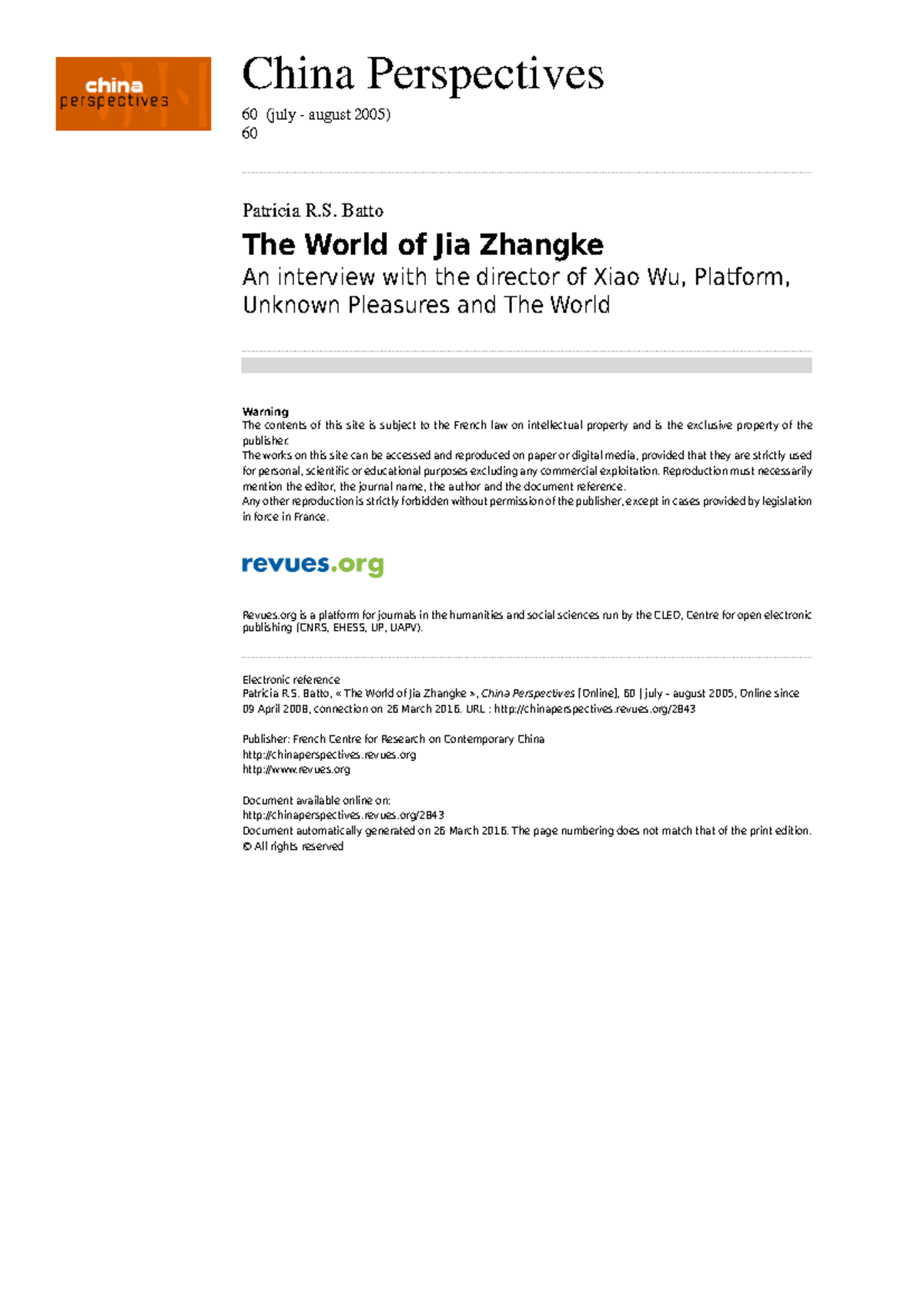China Perspectives 60: The World of Jia Zhangke Interview - Studocu