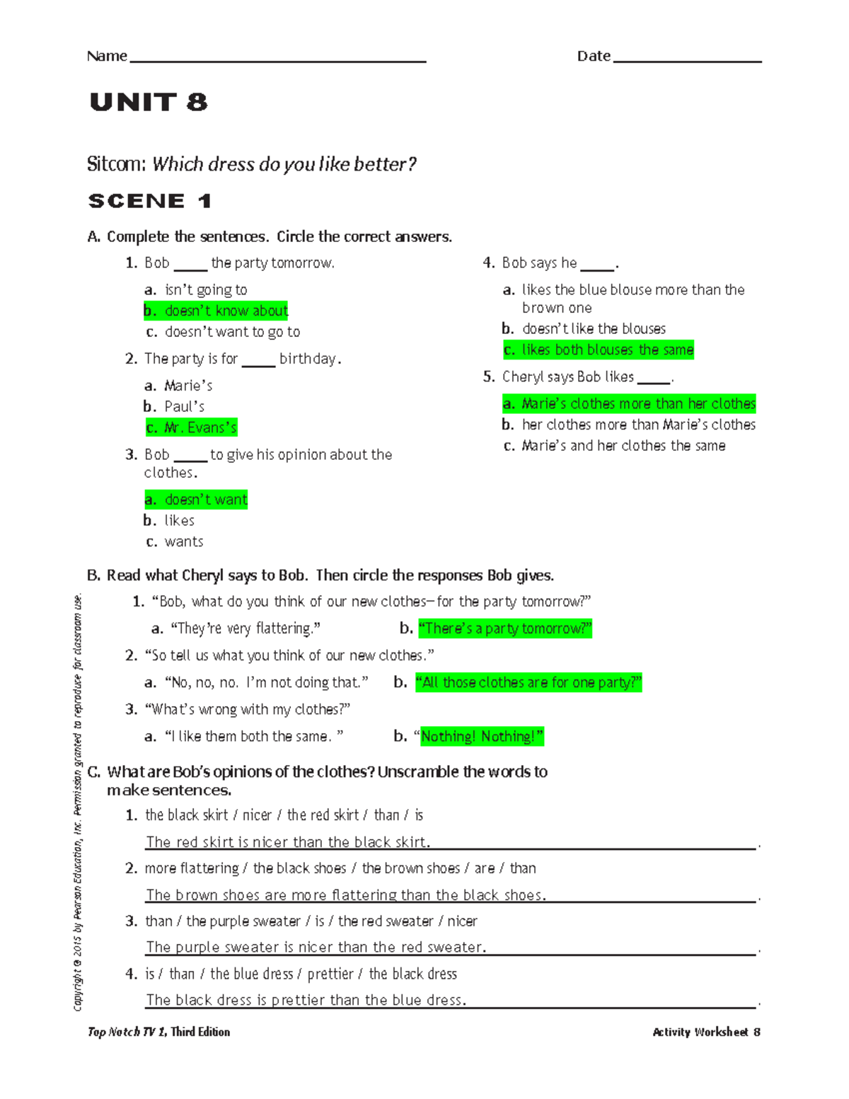 UNIT 08 Video Worksheets - Name Date UNIT 8 Top Notch TV 1, Third ...