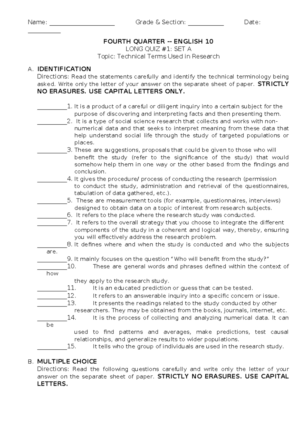 Long Quiz #1 in English 10 (Set A) - Name: ______________________ Grade ...