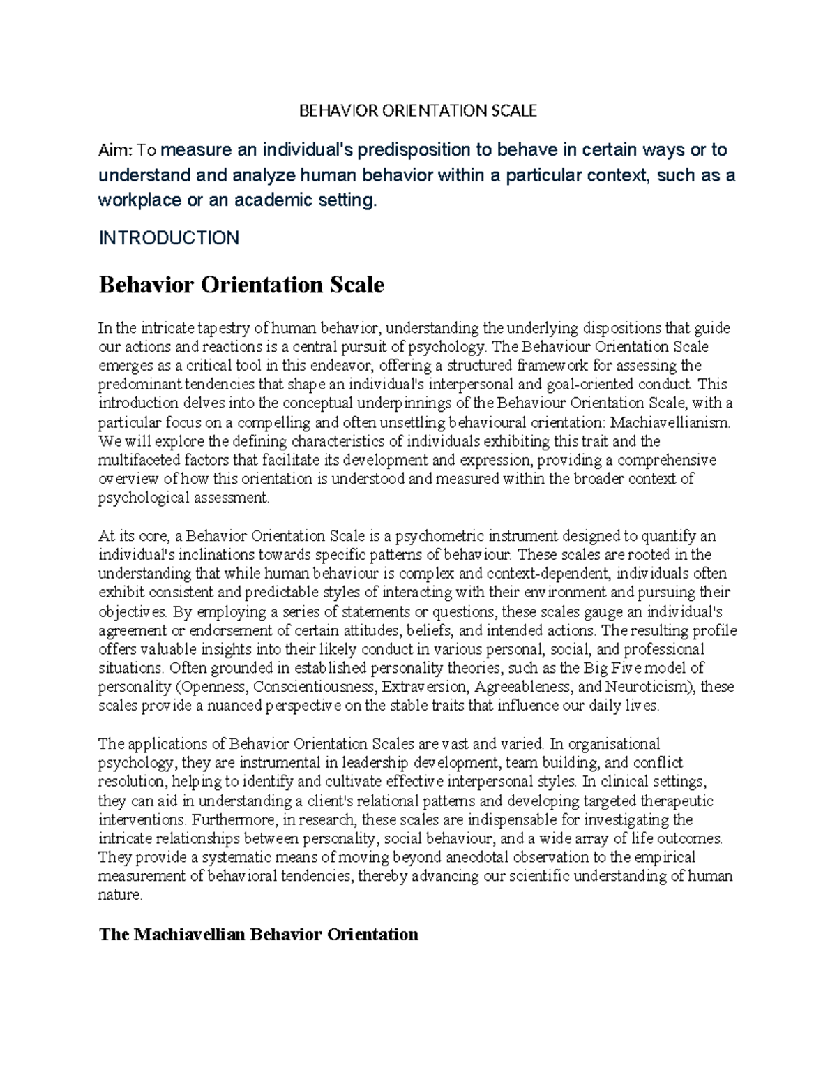 Behavior Orientation Scale: Understanding Machiavellianism in ...