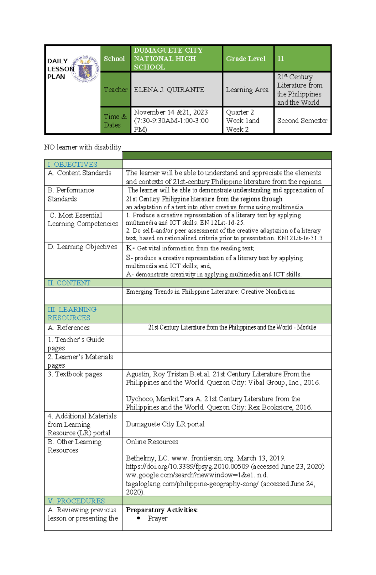 EN 12Lit Lesson Plan: Exploring 21st Century Literature - Studocu
